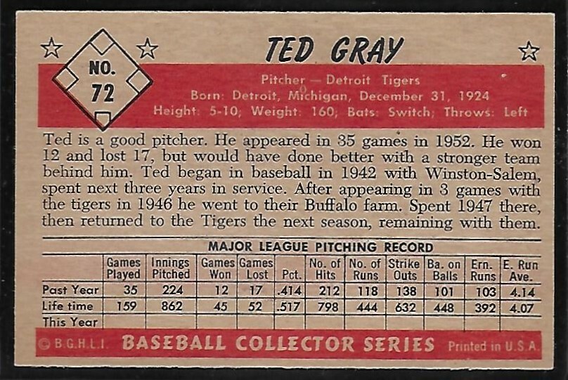 1953 Bowman Color #72 Ted Gray Detroit Tigers Near Mint! | eBay