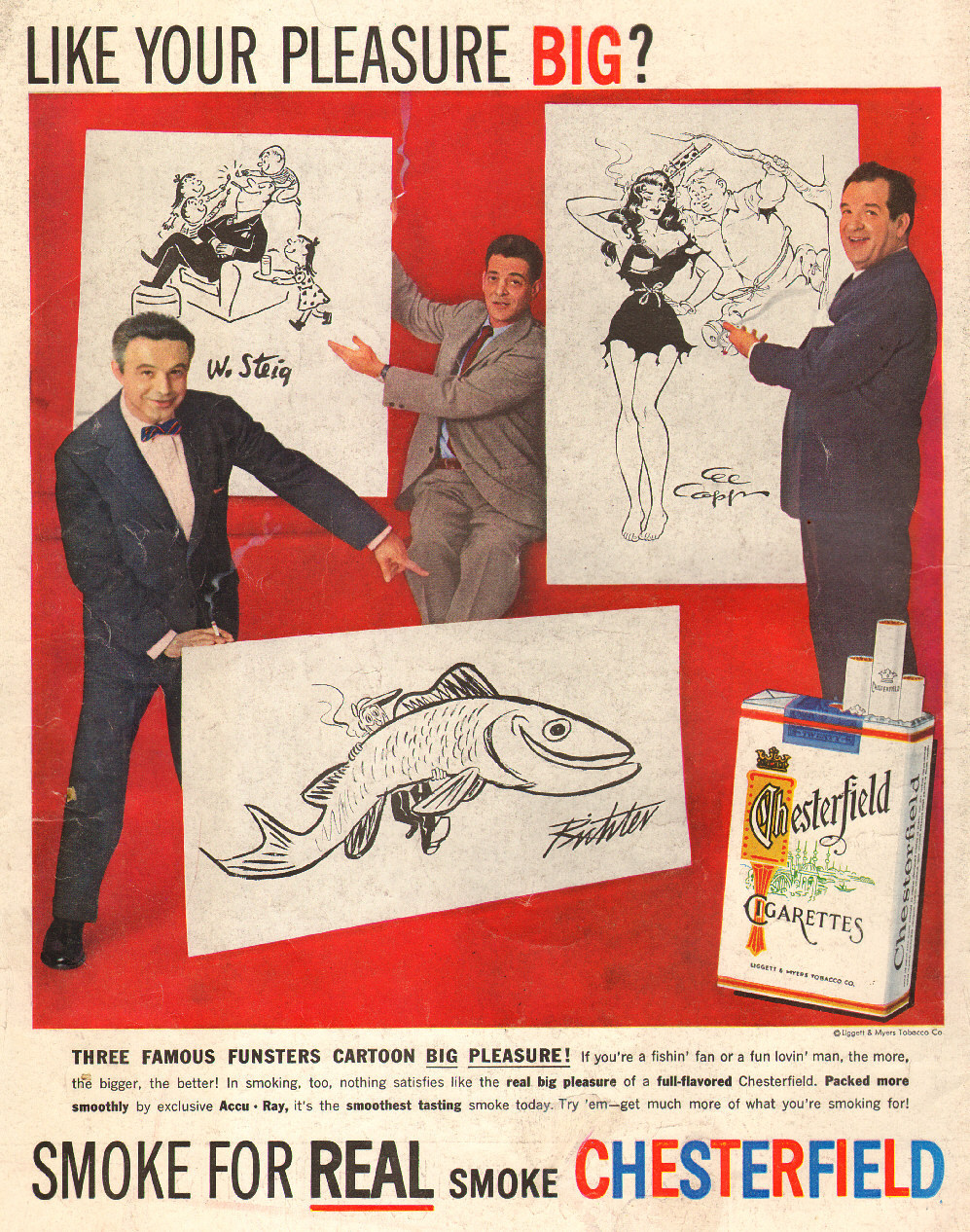 1957 Vintage tobacco AD CHESTERFIELD Cigarettes W. Steig Al Capp ...