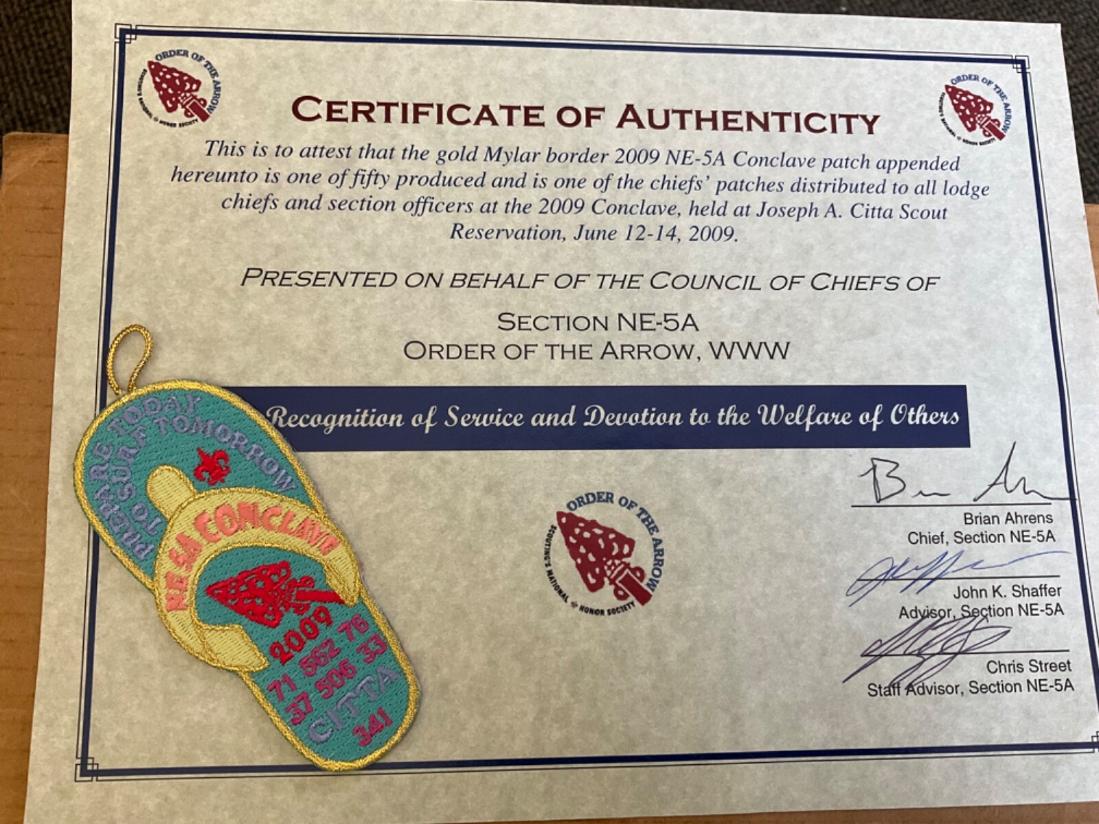 Section NE-5A Conclave 2009 Special Chiefs Patch & Certificate Yokahu ...