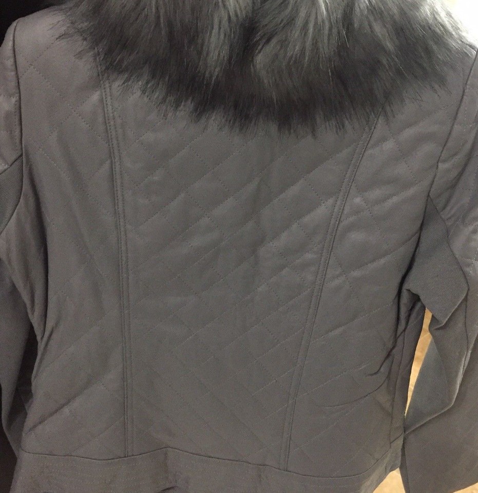 $250 IMAN Grey Quilted Leather Jacket with Detachable Faux Fur Collar ...