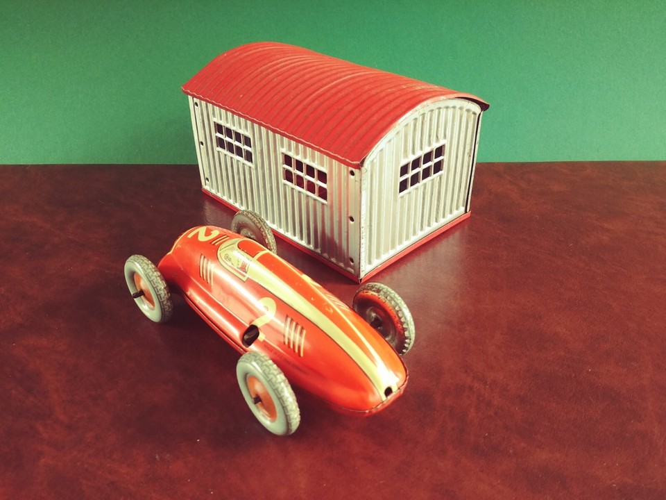 Scarce NBN Tin Wind-up Open-wheel Racer & Garage Set Tinplate Race car ...