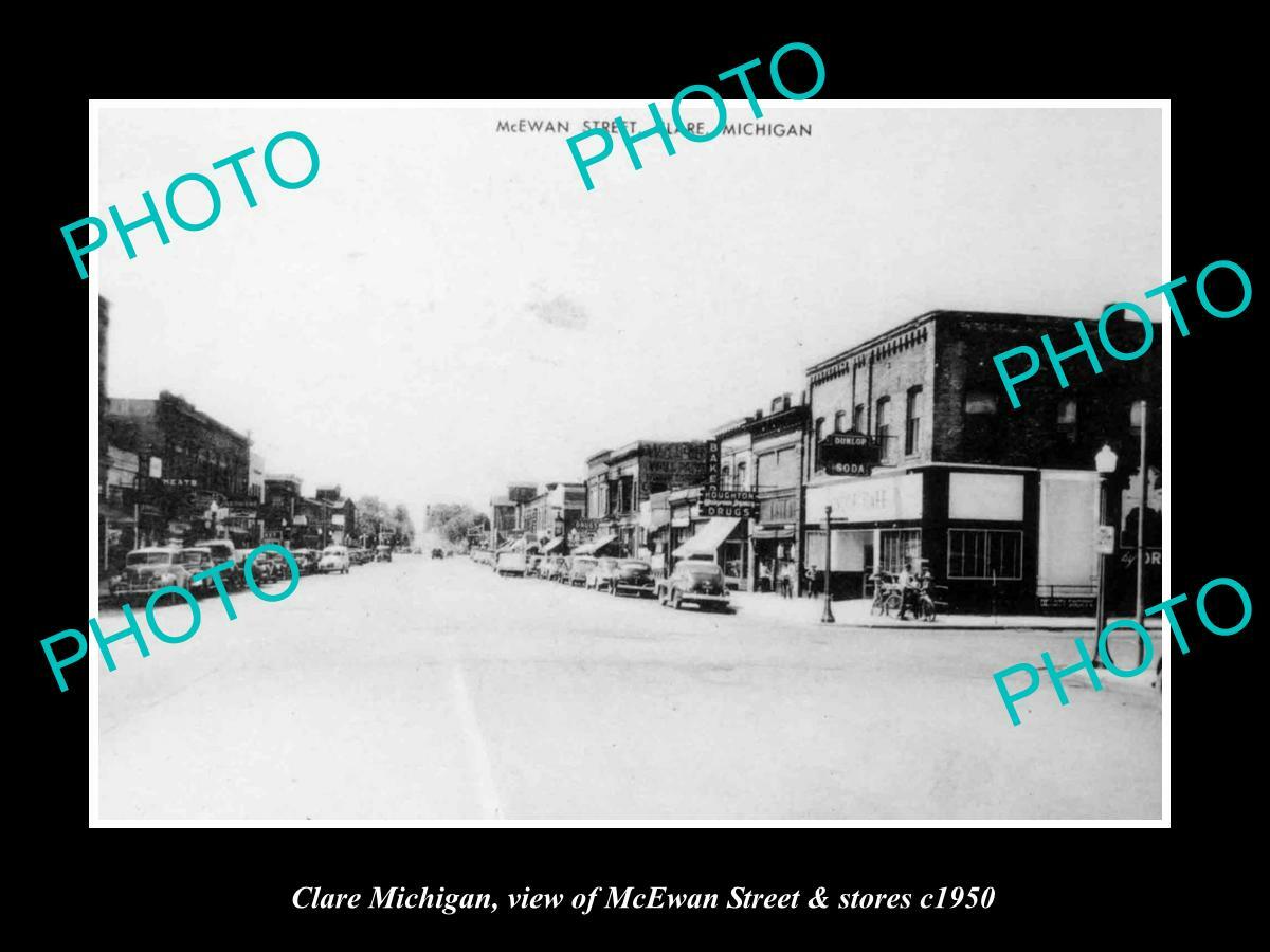 OLD POSTCARD SIZE PHOTO OF CLARE MICHIGAN VIEW OF McEWAN St & STORES ...