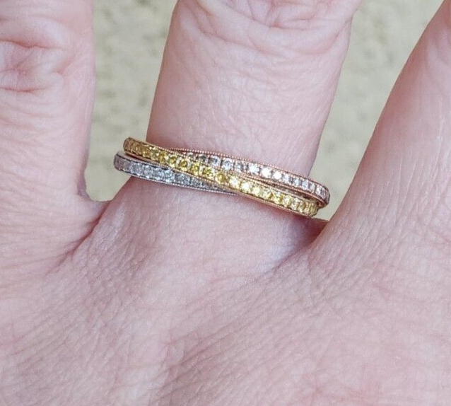14K Gold Tri-Color Rolling Ring Milgrain, Diamond Eternity Ring ...