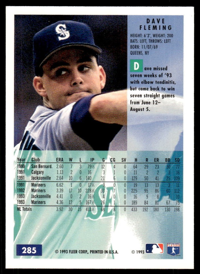 1994 Fleer 285 Dave Fleming Seattle Mariners Baseball Card | eBay