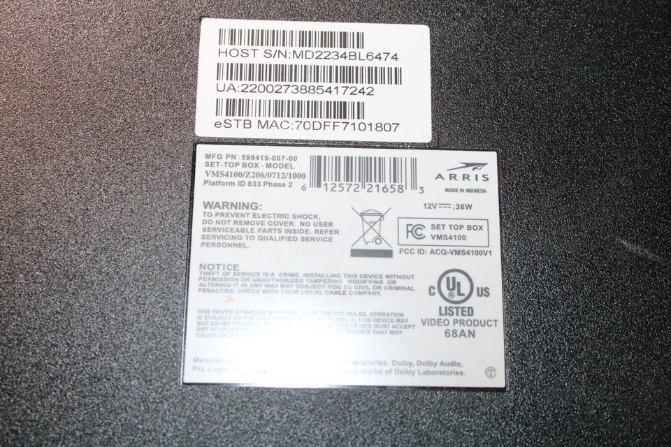 Arris Set Top Box VMS4100/Z216/0712/1000 w/Charger Cable Ac Adapter ...