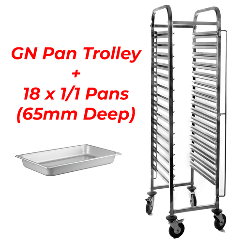 15 TIER STAINLESS STEEL GASTRONORM RACK TROLLEY + 18 x GN 1/1 PAN 65MM ...