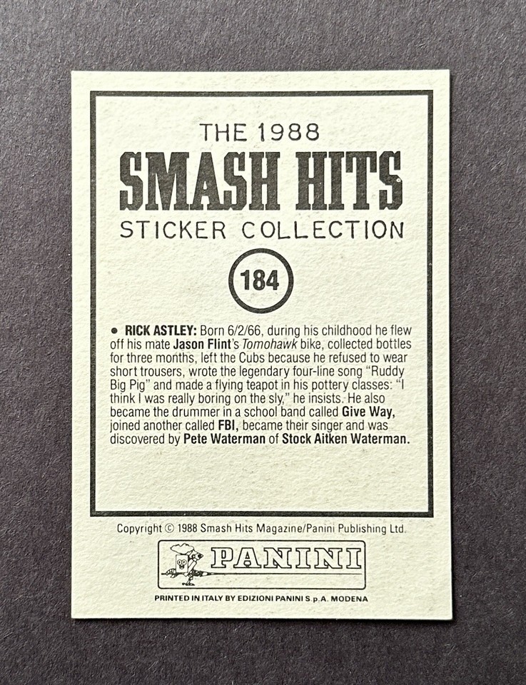 1988 Panini Smash Hits RICK ASTLEY #184 Rookie RC Sticker | eBay