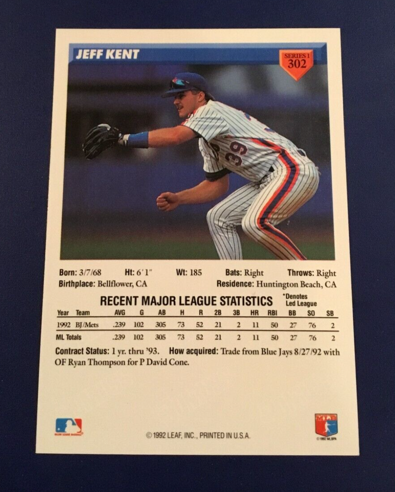 1993 Donruss # 302 JEFF KENT ROOKIE New York Mets Giants Baseball Card ...