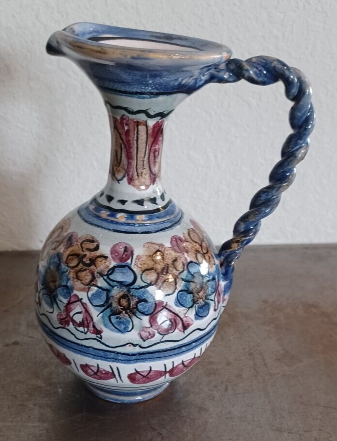 Hand Painted Pottery Pitcher With Floral Design & Twisted Handle ...