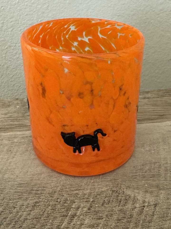 Anthropologie Icon Mystic Black Cat Orange Halloween Juice Glass Votive ...