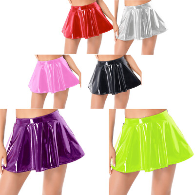Woman PVC Leather Wet Look Flared Pleated Mini Skater Skirts Casual A ...