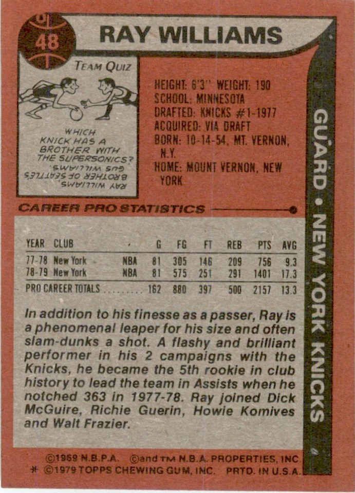1979-80 Topps Basketball Ray Williams (H) New York Knicks #48 | eBay