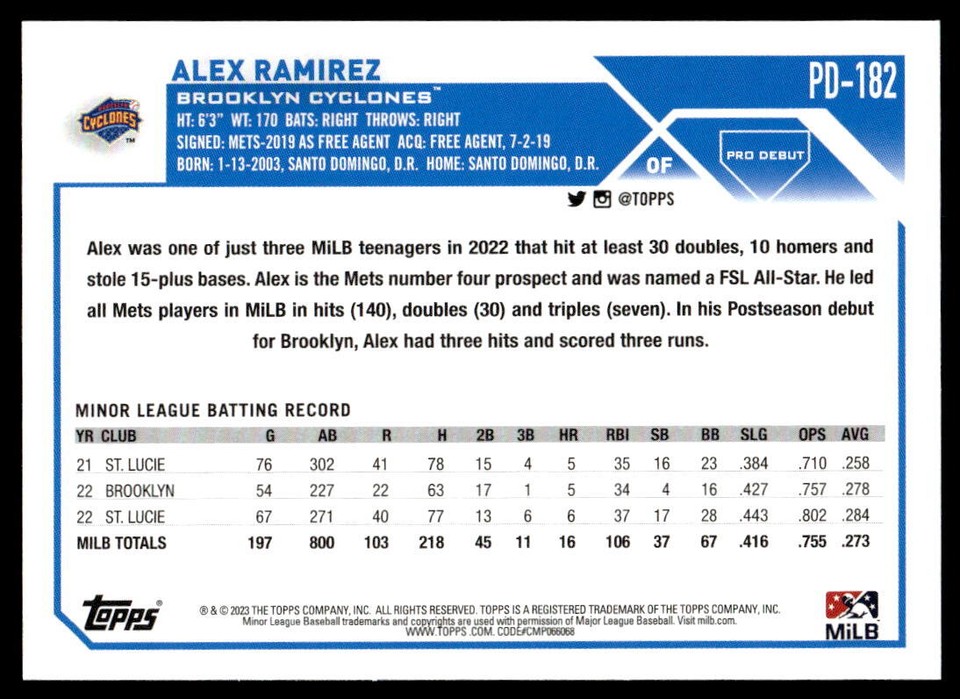 2023 Topps Pro Debut PD182 Alex Ramirez Brooklyn Cyclones Mets Baseball ...