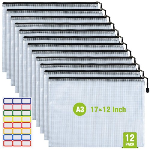 12PCS Mesh Zipper Pouch Waterproof Tear-Resistant A3 Document File ...