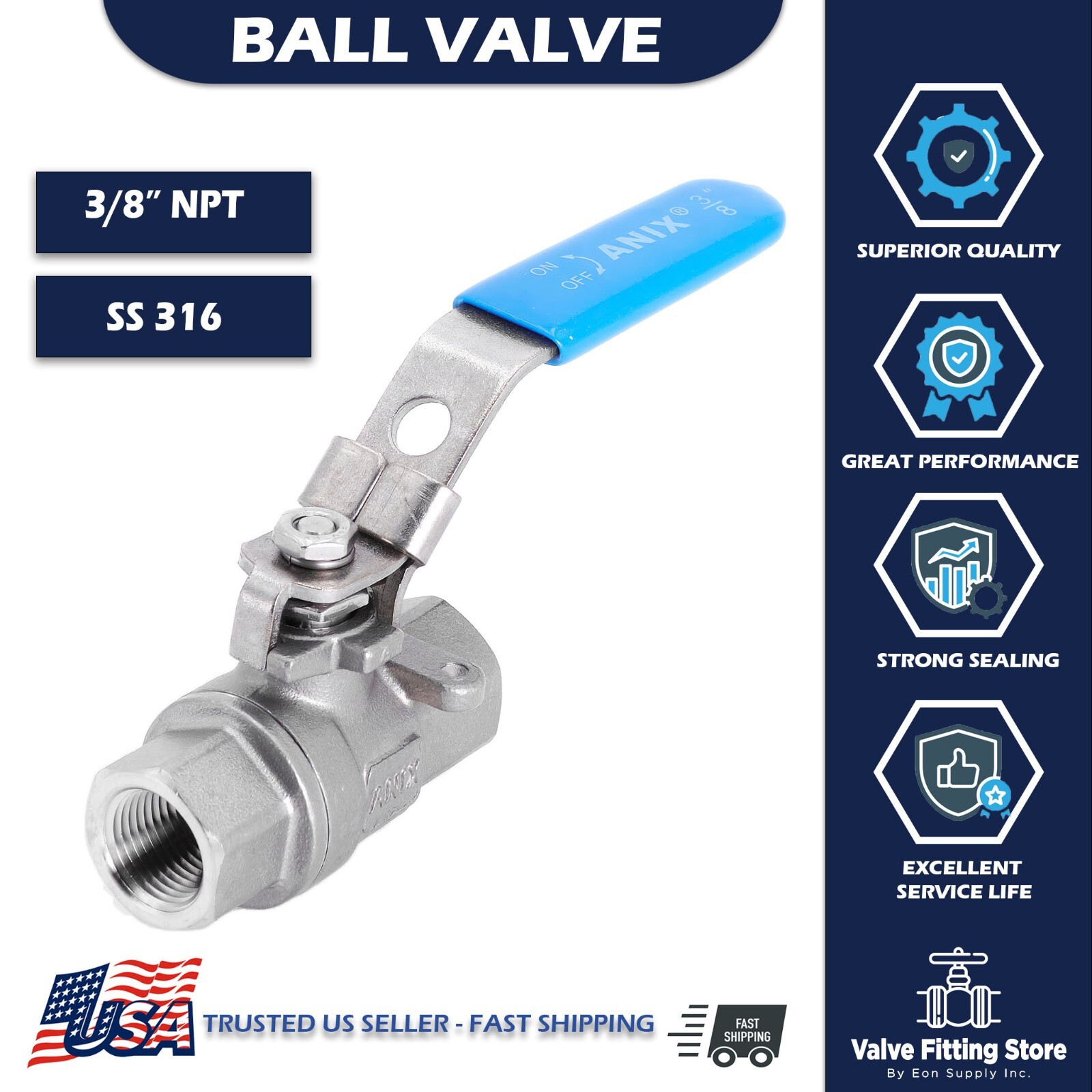 3/8" Inch Ball Valve Female NPT Stainless Steel 316 FULL PORT WOG 1000 ...