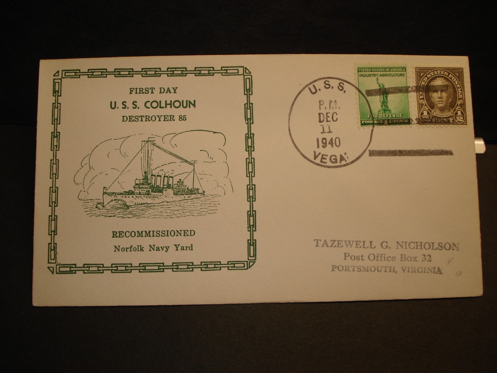 USS COLHOUN DD-85 Naval Cover 1940 DESTROYER FIRST DAY Cachet USS VEGA ...