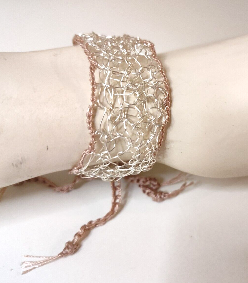 NEW WIRE BRACELET SILVER SOFT CROCHET SILK YARN TRIM SLIDE CLOSURE | eBay