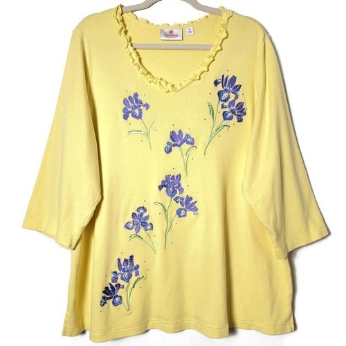 Quacker Factory Yellow Floral Embroidered Ruffle 3/4 Sleeves Rhinestone ...