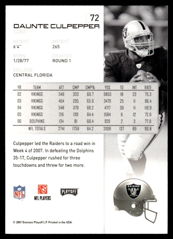 2007 Playoff NFL Playoffs Daunte Culpepper Oakland Raiders #72 | eBay