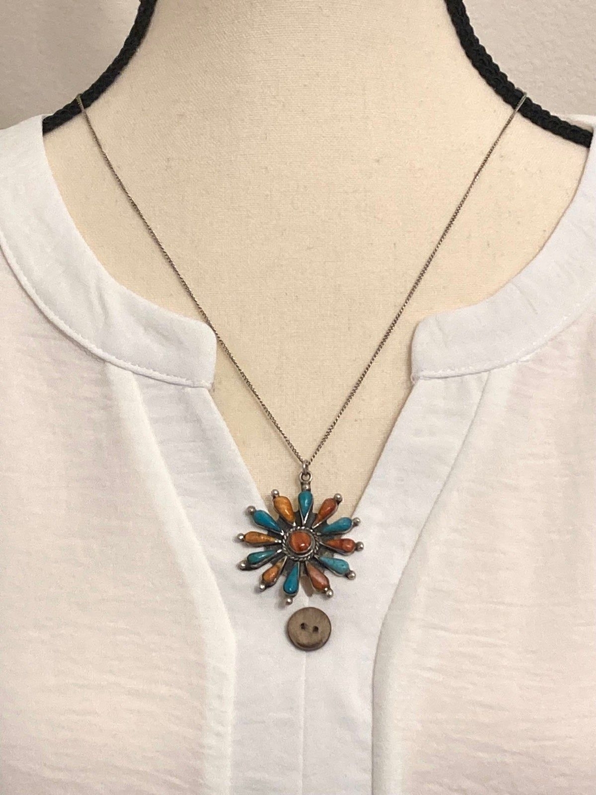 Vintage Turquoise and Spiny Oyster Sun Pendant Neckla… - Gem