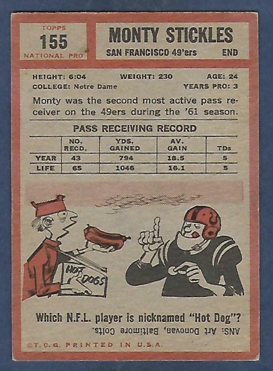 1962 Topps Monty Stickles San Francisco 49ers #155 Football Card | eBay