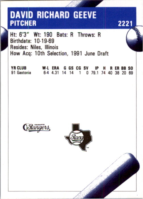1992 Charlotte Rangers Fleer/ProCards #2221 David Geeve | eBay