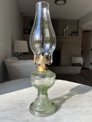 Antique Green Glass Oil Lamp Anchor Pattern Miller Victor Burner | eBay