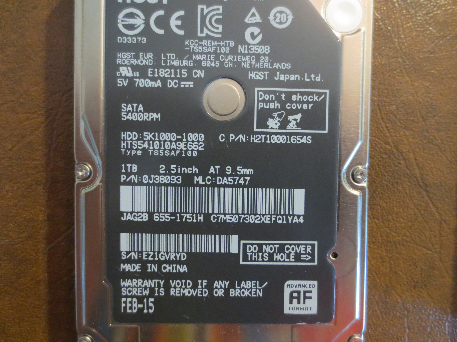 Hitachi HTS541010A9E662 PN:0J38093 MLC:DA5747 Apple#655-1751H 1TB 2.5 ...