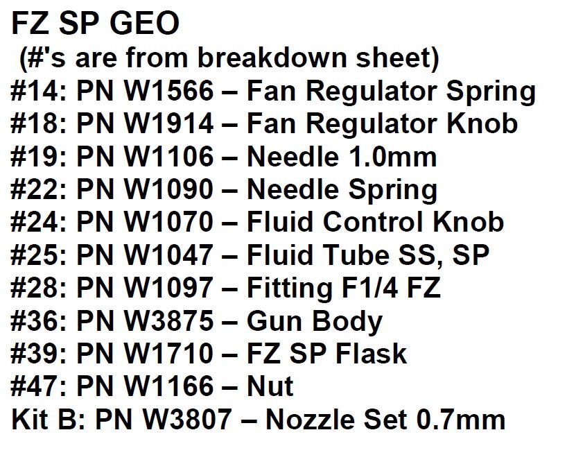 WALCOM FZ SP GEO PAINT GUN SPARE PARTS, NEW UNUSED, LIMITED QTYS ...