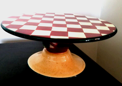 HANDPAINTED Red Checker Pedestal Cake Stand Plate with Apple | eBay