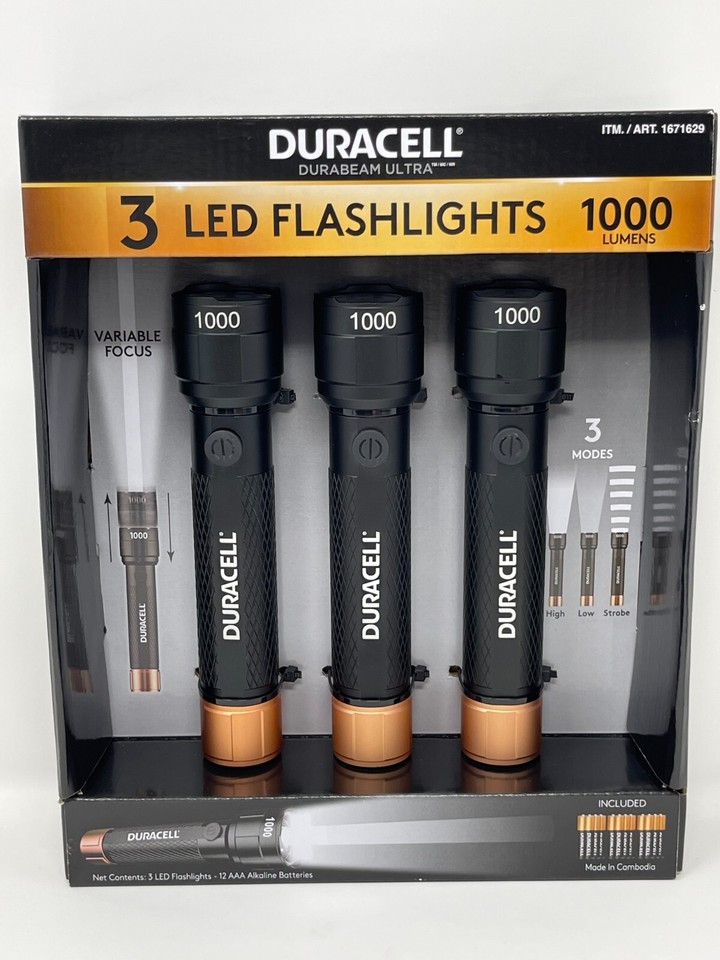 Duracell Durabeam Ultra 3 LED Flashlights 1000 Lumens 12 AAA Alkaline ...