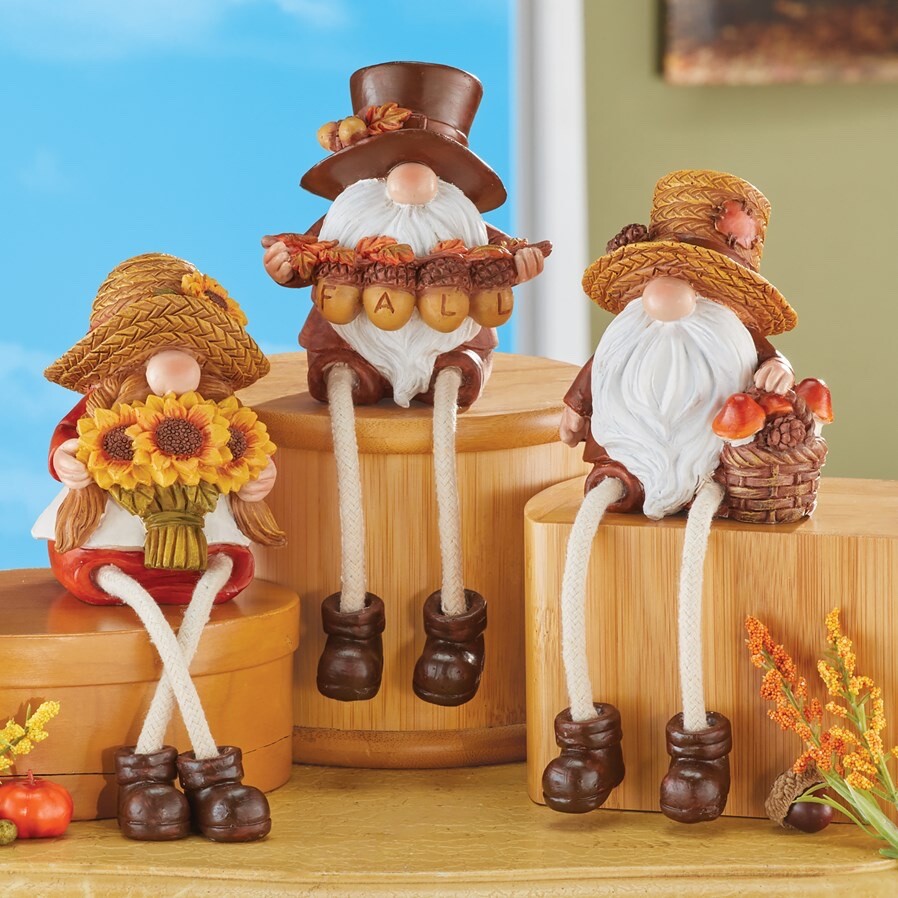 3 Pc. Autumn Harvest Posable Gnome Shelf Sitters Figurines Mantel Fall ...