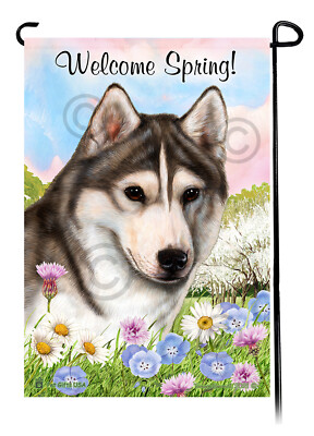 Welcome Spring Garden Flag - Brown-Eyed Grey and White Siberian Husky ...