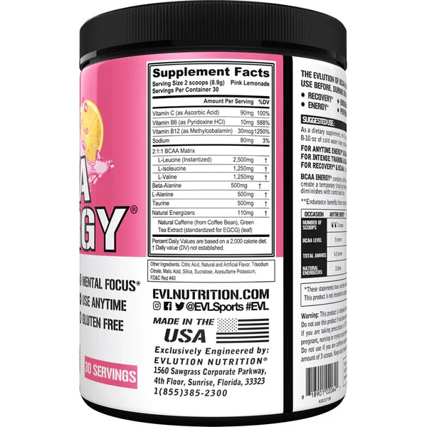 EVL BCAA Energy Pre Workout/Post Workout Energy Mix, Pink Lemonade BB ...
