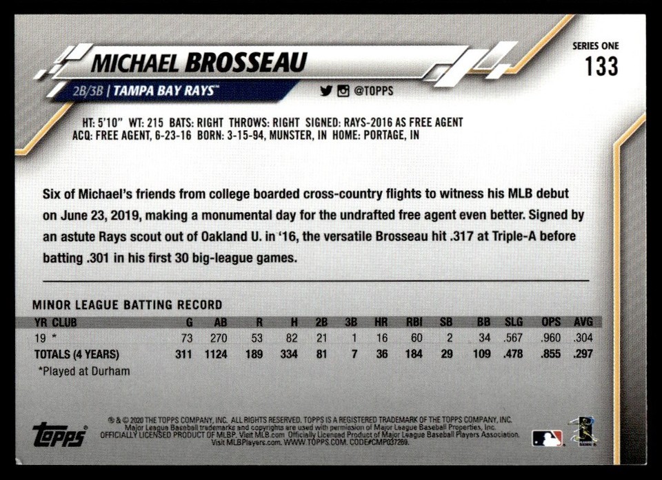 2020 Topps Michael Brosseau Rookie Auto Tampa Bay Rays #133 RC Card ...