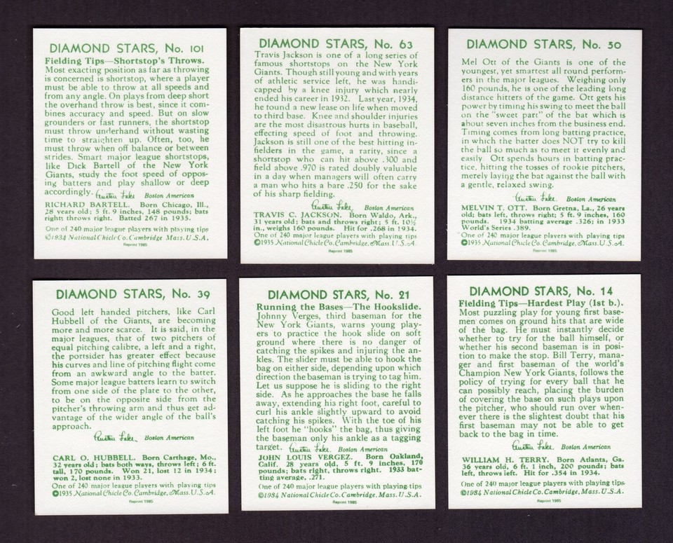 1934-36 National Chicle Diamond Stars NEW YORK GIANTS R327 Reprint team ...