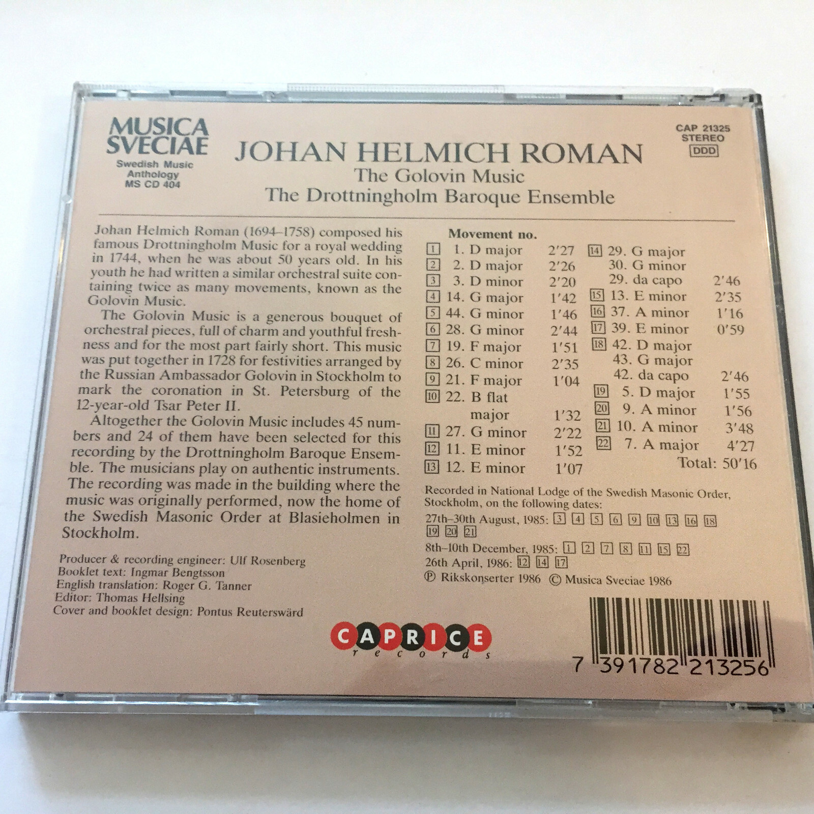 Johan Helmich Roman: the Golovin Music by Drottningholm Baroque ...