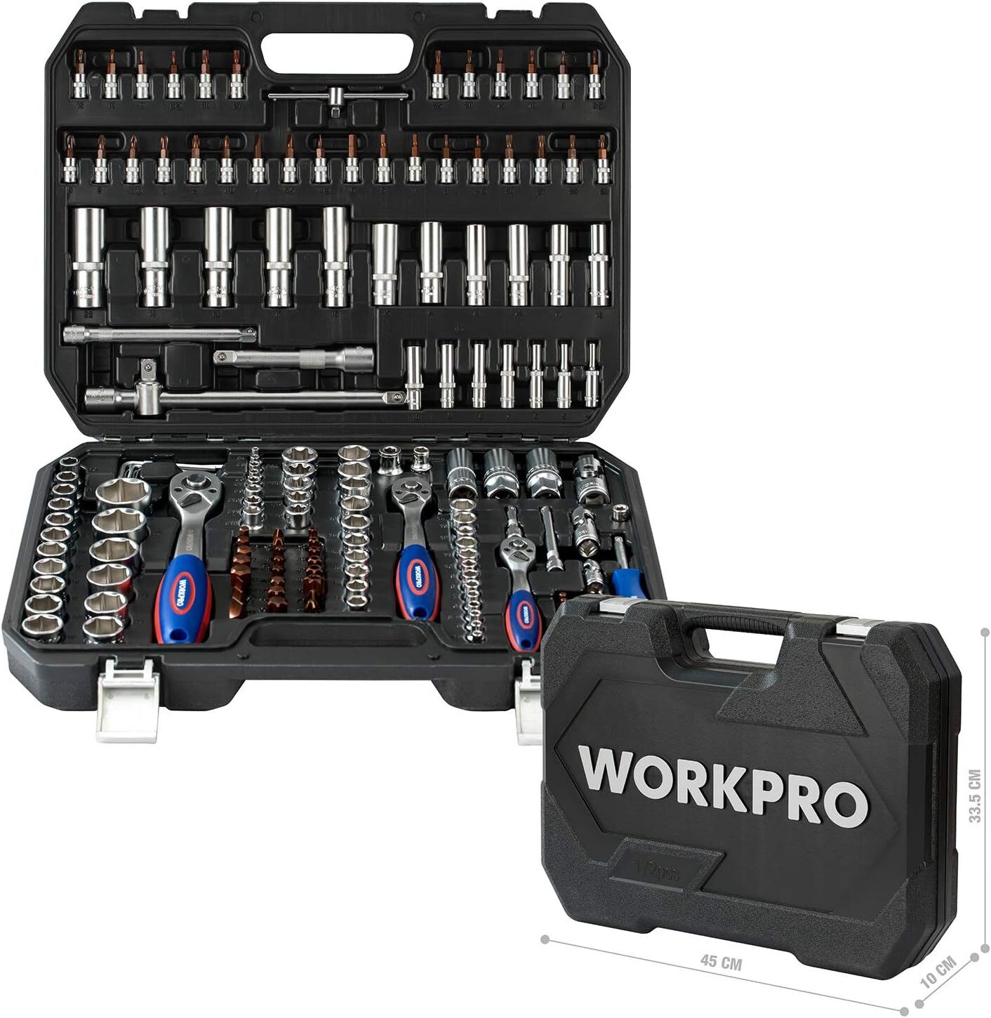 WORKPRO 172PCS Socket Set 1/2" 3/8" 1/4" Drive Cr-V Metric Sockets ...