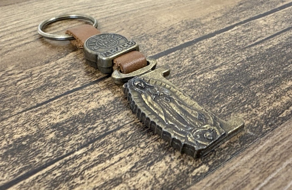 Riviera Maya Mexico Virgin Mary Key Ring Fob Bronze Tone Metal Leather ...