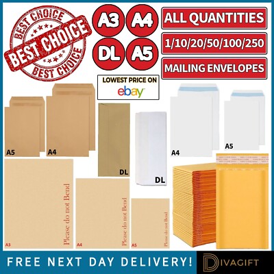 ENVELOPES PADDED BUBBLE LARGE LETTER CARDBOARD BROWN WHITE POSTAL UK A3 ...