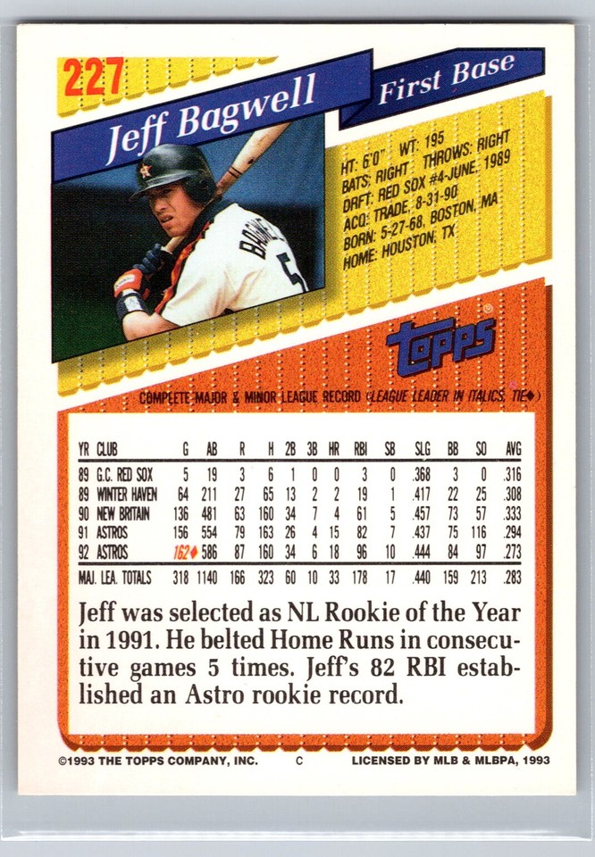 1993 Topps #227 Jeff Bagwell Houston Astros Card | eBay