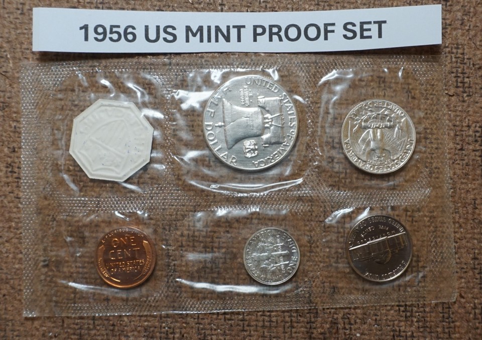 1956 US PROOF MINT SET Franklin 1/2, Quarter & Dime 90% Silver Coins w ...