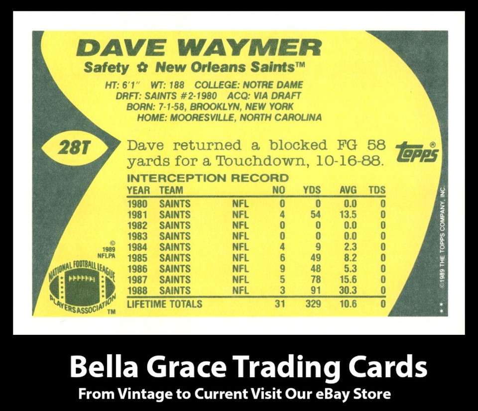 1989 Topps Traded Dave Waymer #28T New Orleans Saints NFL Football | eBay