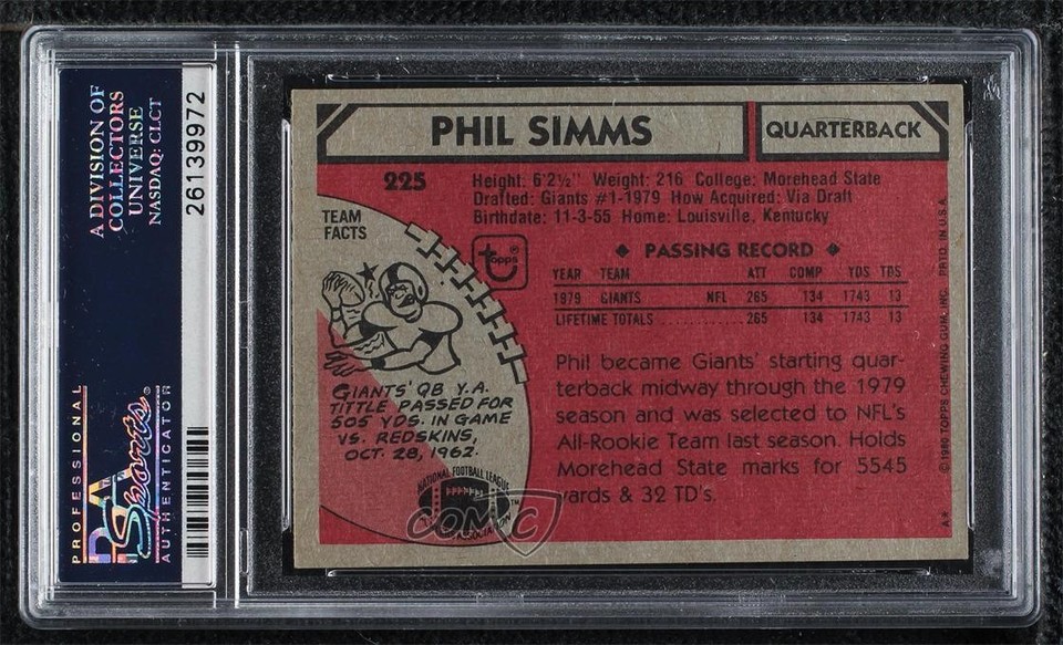 PSA/DNA 1980 Topps Phil Simms #225 PSA/DNA Authentic Card & Auto Rookie ...
