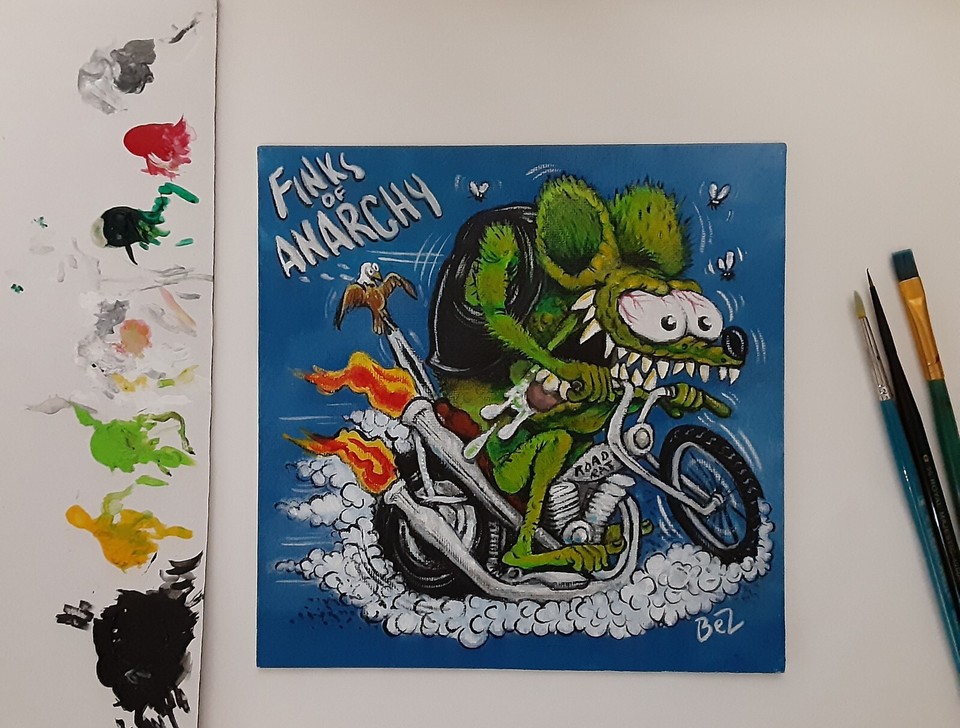 ORIGINAL PAINTING ON CANVAS BOARD IN THE RAT FINK, ED ROTH HOT ROD ...