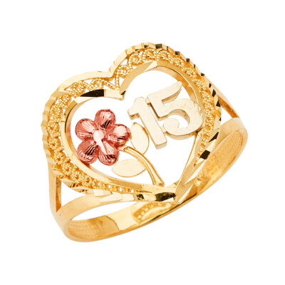 14K Tri Color Gold Sweet 15 Anos 15 Years Birthday Quinceanera?CZ Heart ...