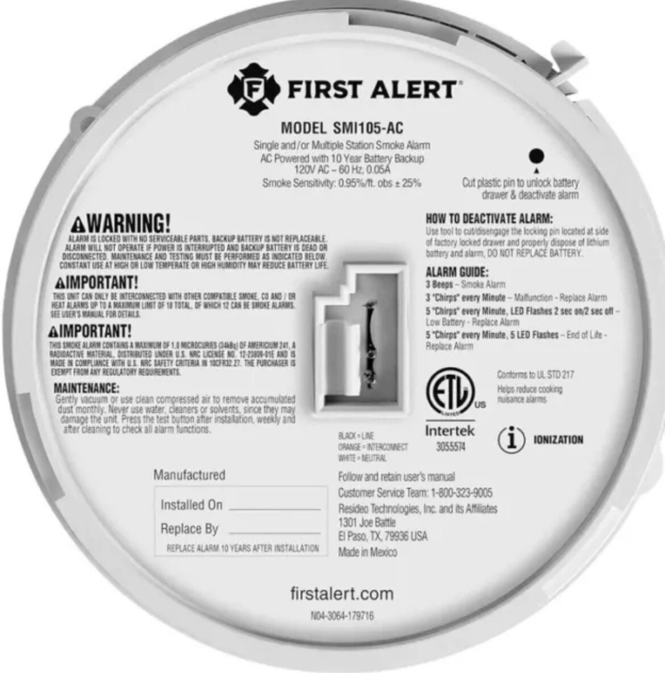 First Alert SMI105-AC, Interconnect Hardwire Smoke Alarm with 10-Year ...