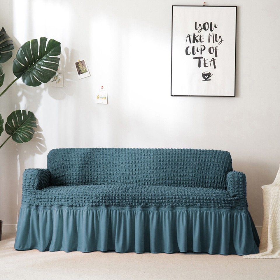 1/2/3/4 Seater 3D Bubble Stretch Sofa Couch Cover with Skirt Slipcover ...