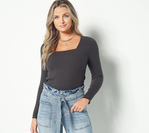 Candace Cameron Bure Square-Neck Soft Ruffle Hem Rib Top- Size Small ...