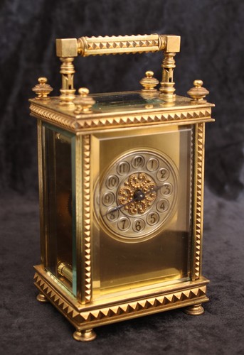 UNUSUAL ANTIQUE FRENCH CARRIAGE CLOCK, GILT MASK, INSET CHAPTER DIAL ...